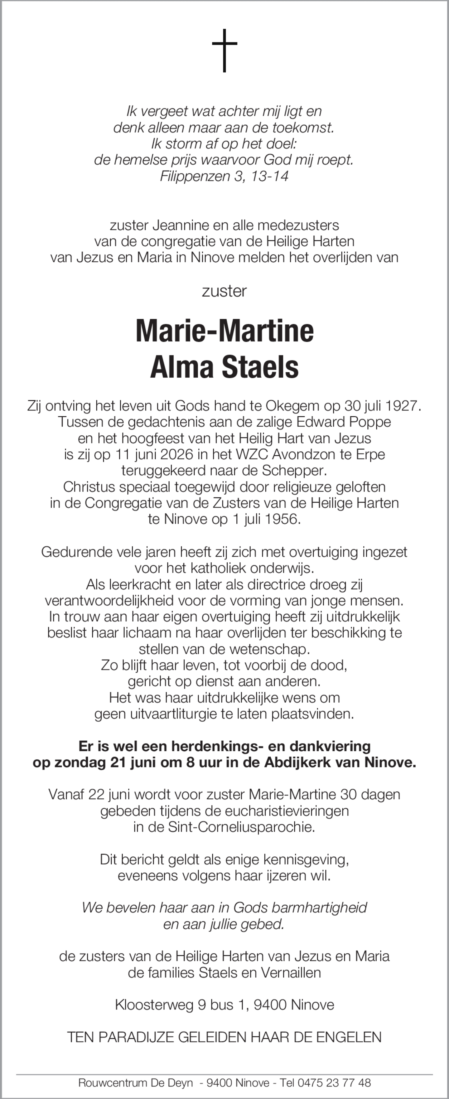 Marie-Martine Alma Staels, 98 jaar | De Standaard